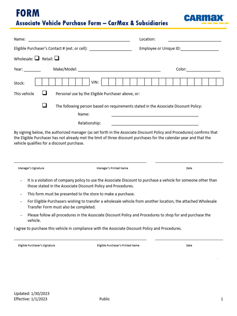 CarMax Associate Vehicle Purchase Form | PDF | Receipt | Payments