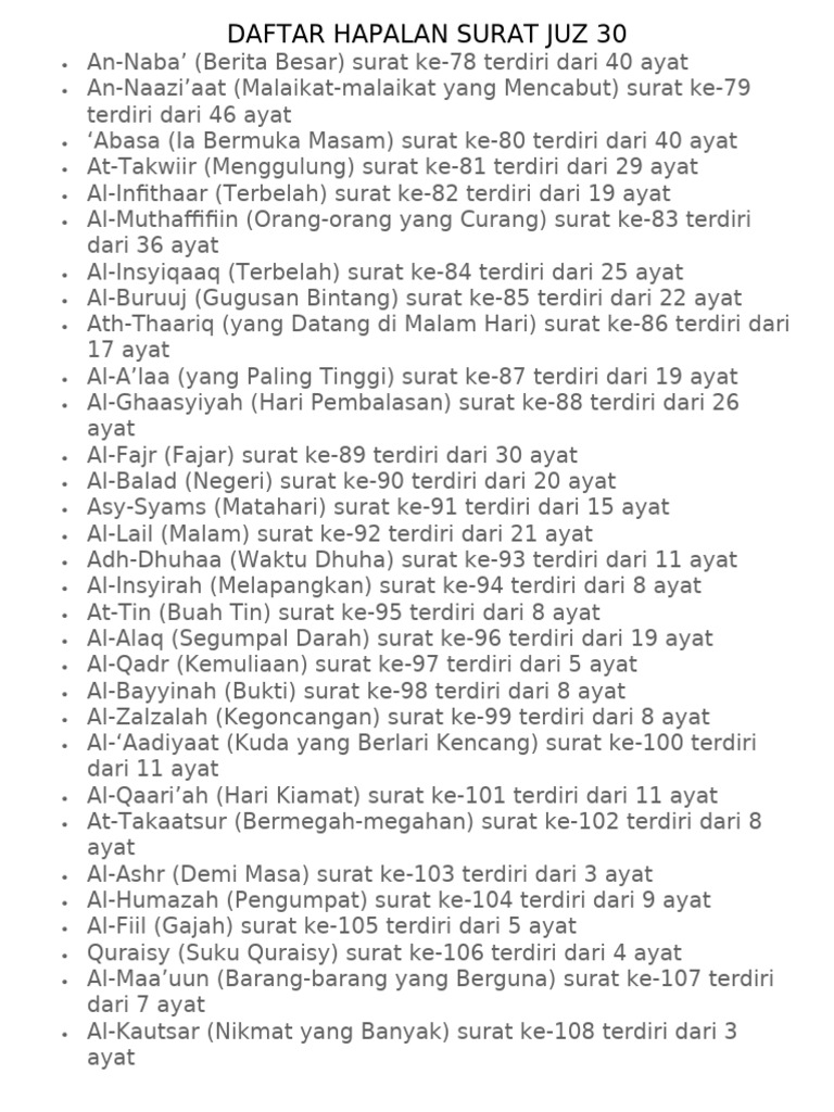 Daftar Hapalan Surat Juz 30 | PDF