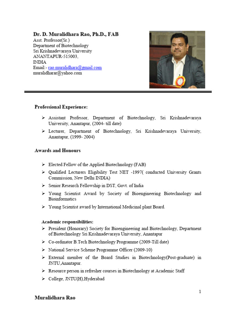 Dr Muralidhara Rao | PDF | Biotechnology | Biology Dr Muralidhara Rao | PDF | Biotechnology | Biology