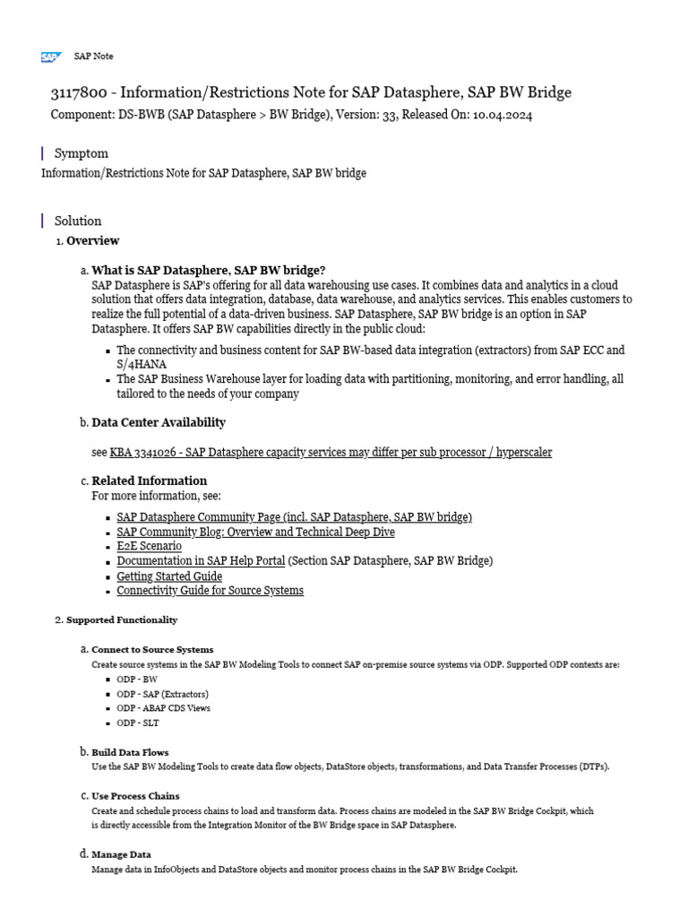 SAP Note 3117800 - SAP BW Bridge Limitations | PDF | Computing | Software Engineering