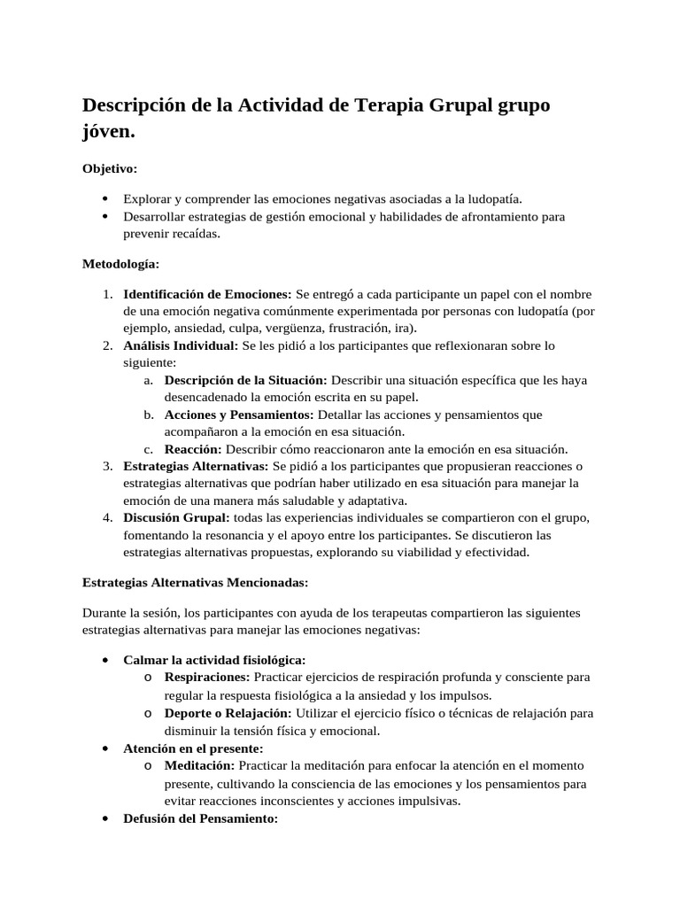 Terapia Grupal: Gestión Emocional en Ludopatía | PDF | Las emociones ...