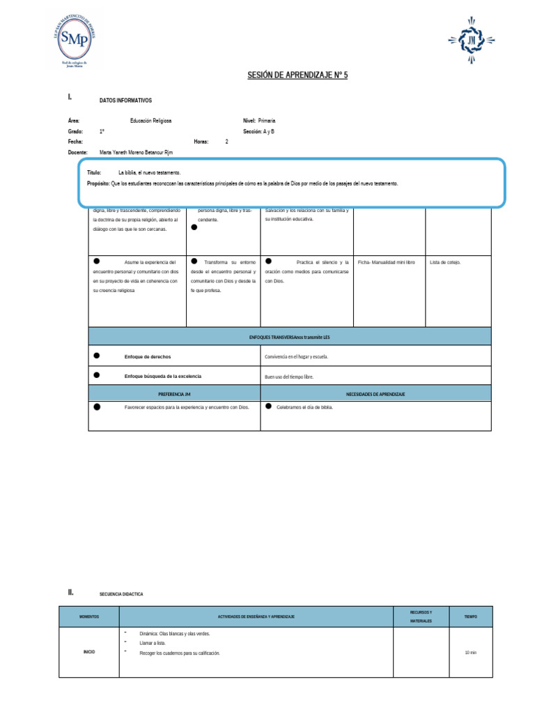 05 SESION DE APRENDIZAJE La Biblia Nuevo Testamento | PDF | Aprendizaje ...