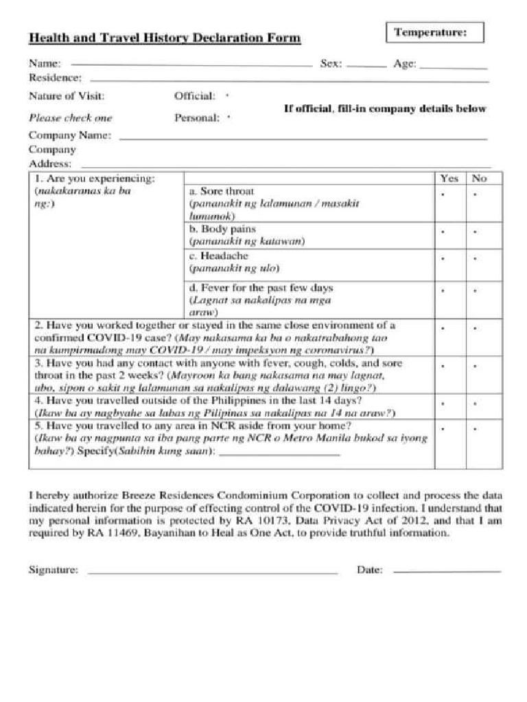 Health and Travel Declaration Form | PDF