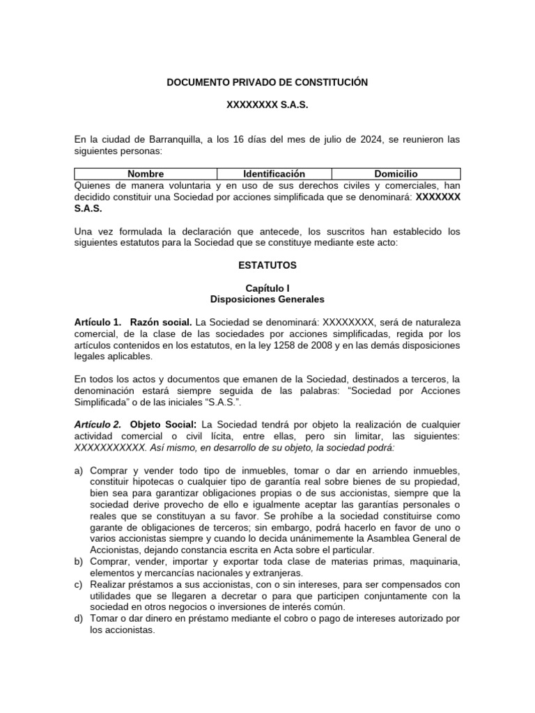 Estatutos - SAS - Con Aporte Establecim de Comercio | PDF | Sociedad de responsabilidad limitada ...