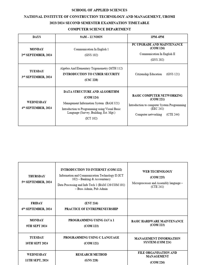 Computer Science Exam Timetable 2024 | PDF | Computing | Computer Science