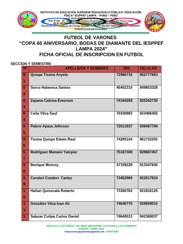 Ficha de Inscripcion de Jugadores Torneo | PDF