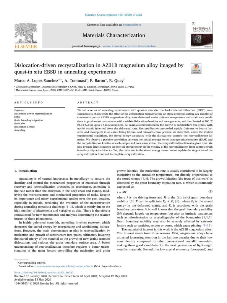 Dislocation-Driven Recrystallization in AZ31B Magnesium Alloy Imaged by ...