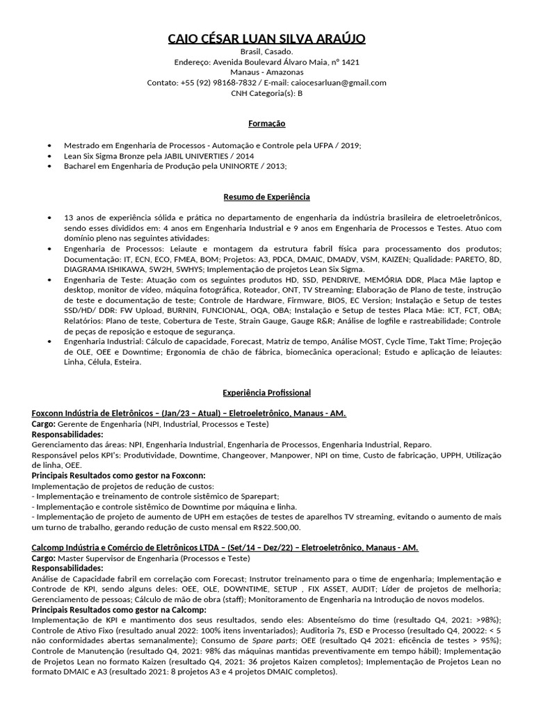Caio Araújo - Currículo | PDF | Seis Sigma | Engenharia
