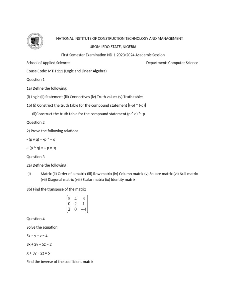 Past Questions Main | PDF | Matrix (Mathematics) | Statistics