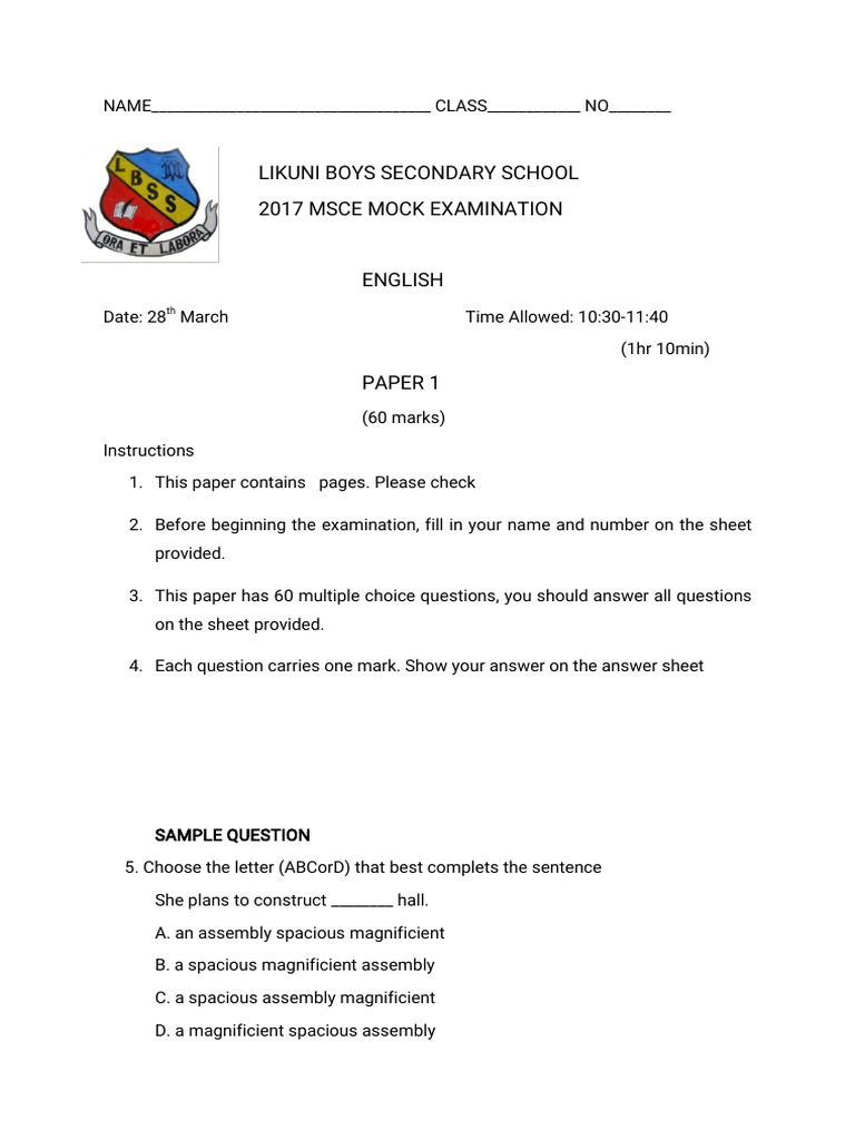 2017 English Mock Paper 1 | PDF