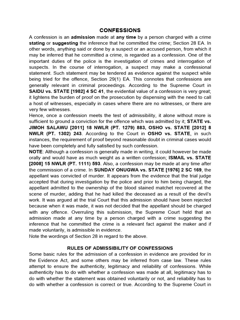 CONFESSION NOTES | PDF | Confession (Law) | Evidence (Law)