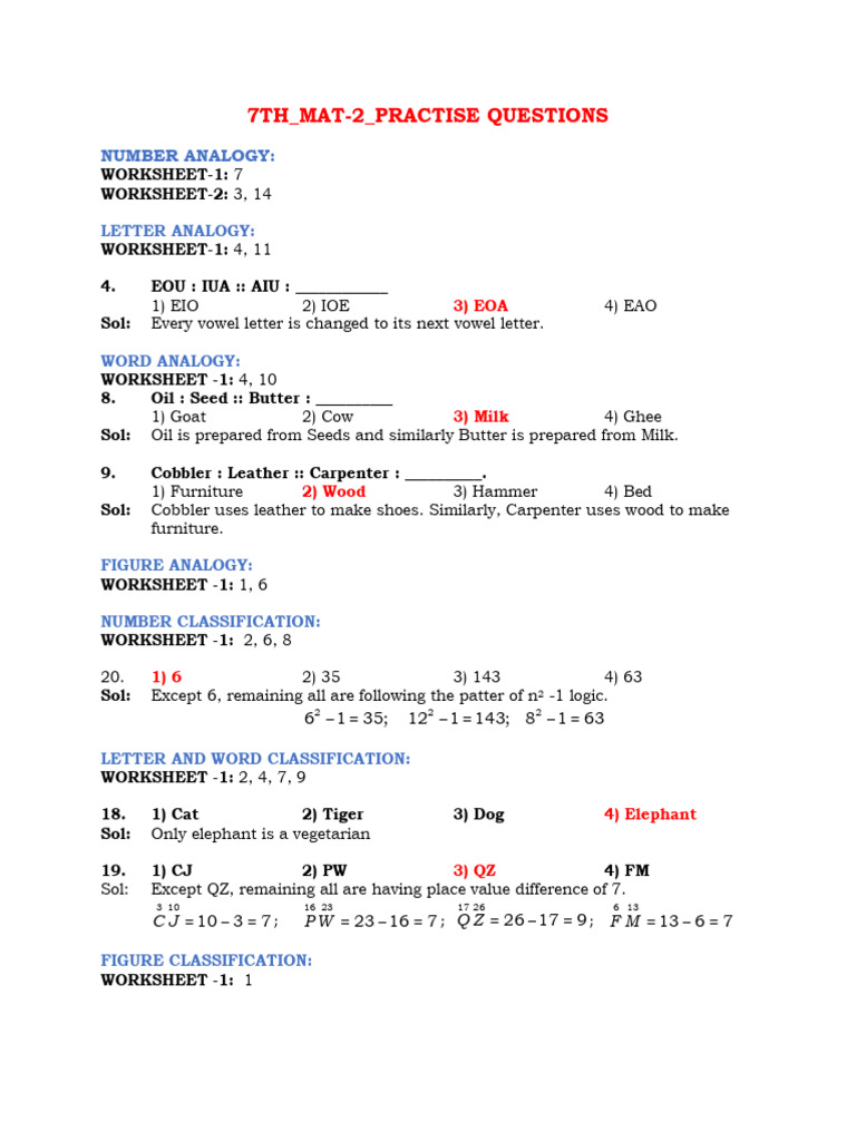 7TH - Mat-2 - Practise Questions | PDF