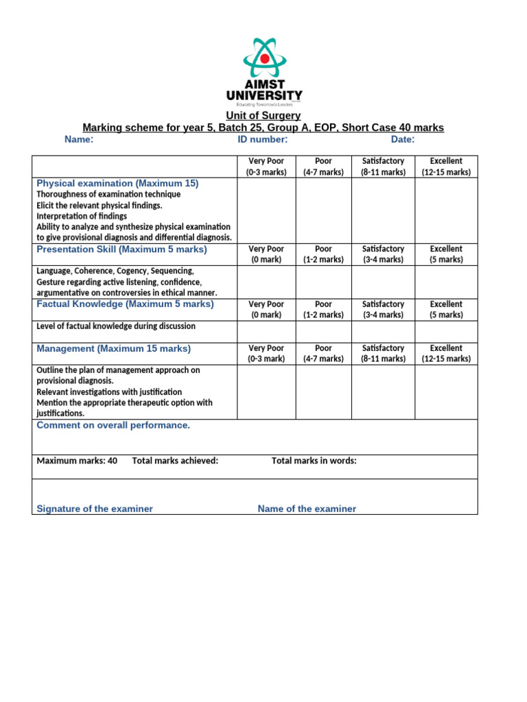 Year 5, EOP Short Case Marking Scheme | PDF
