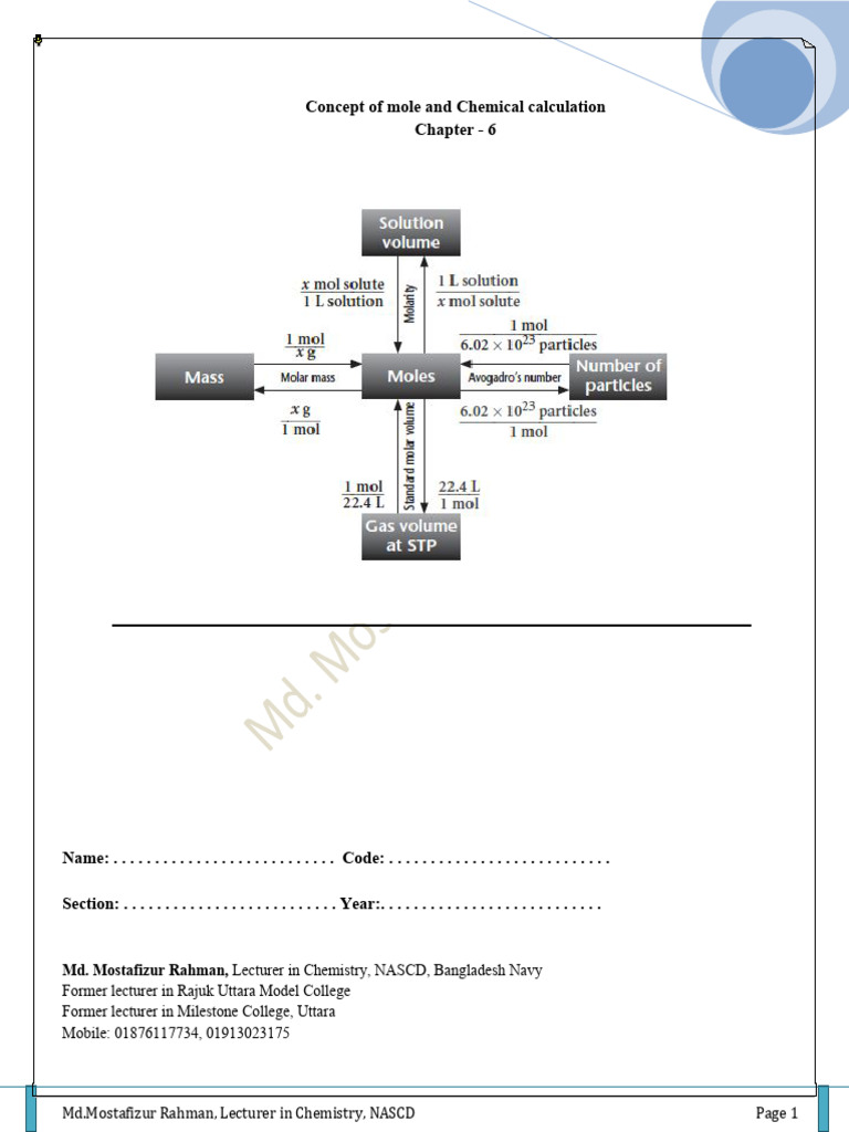 Concept of Mole and Chemical Equations Chemistry Class Notes | PDF ...