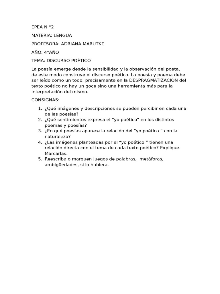 Tarea Discurso Poético 4°año | PDF