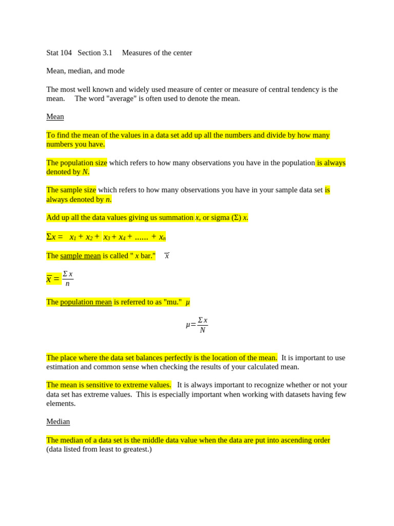 Stat 104 Section 3.1docx | PDF | Mode (Statistics) | Mean