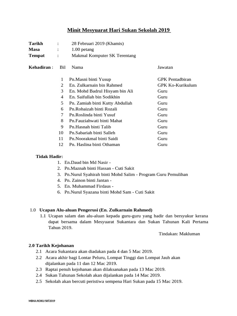 Minit Mesyuarat Hari Sukan Sekolah 2019 | PDF
