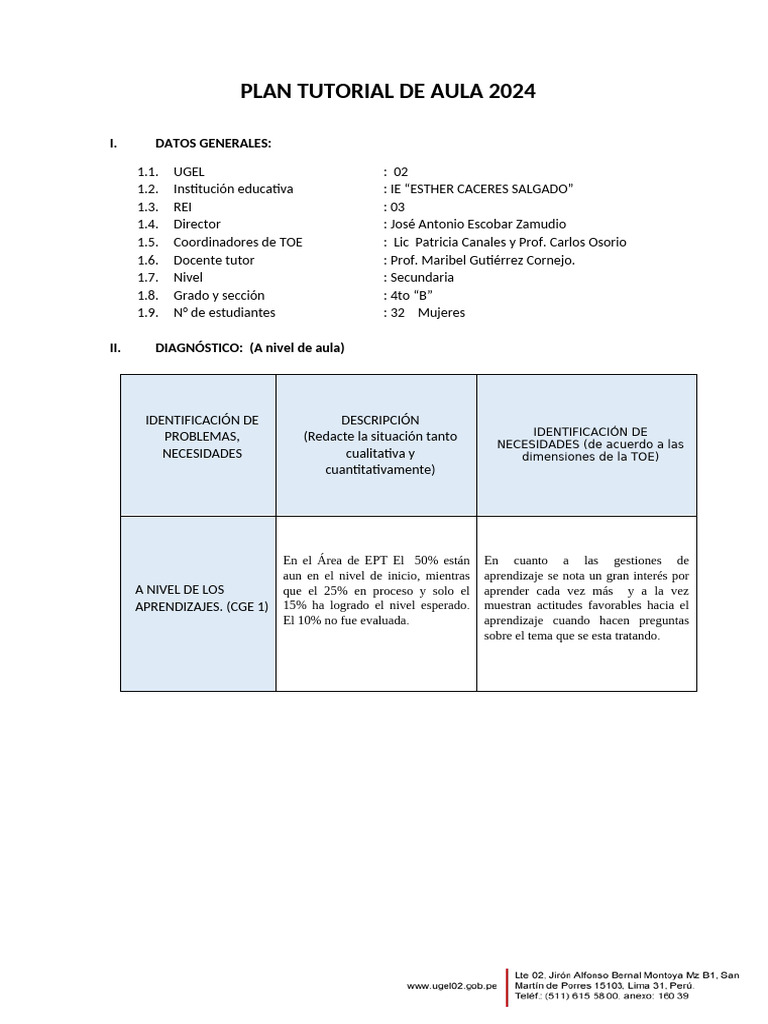 Plan Tutorial de Aula 4B 2024 | PDF | Aprendizaje | Las emociones
