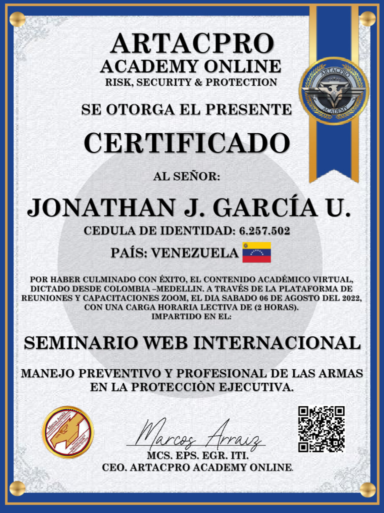 Certificado Manejo de Armas en La Seguridad Vip Jonathan | PDF