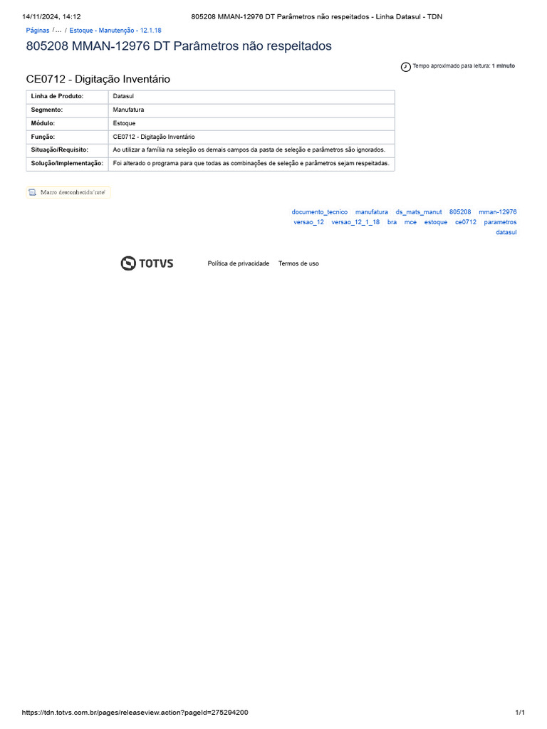 MMAN-12976 DT Parâmetros Não Respeitados - Linha Datasul - TDN | PDF