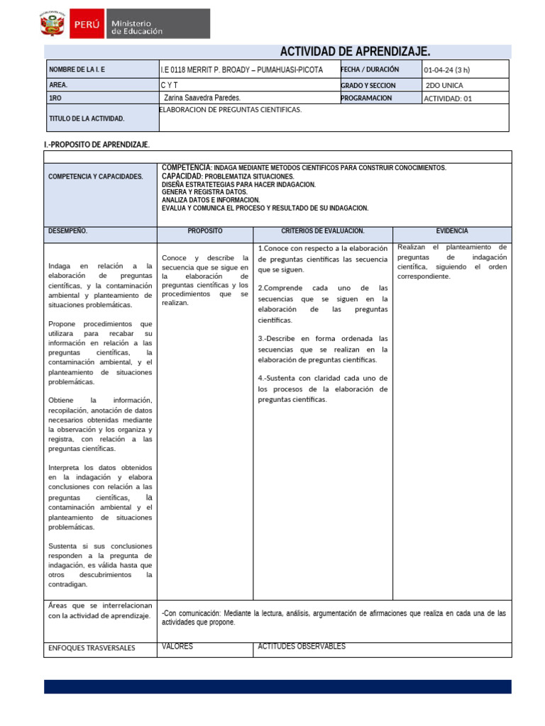 S.A 01 UNI 1 Cyt 2do ELABORACION DE PREGUNTAS CIENTIFICAS. | PDF ...