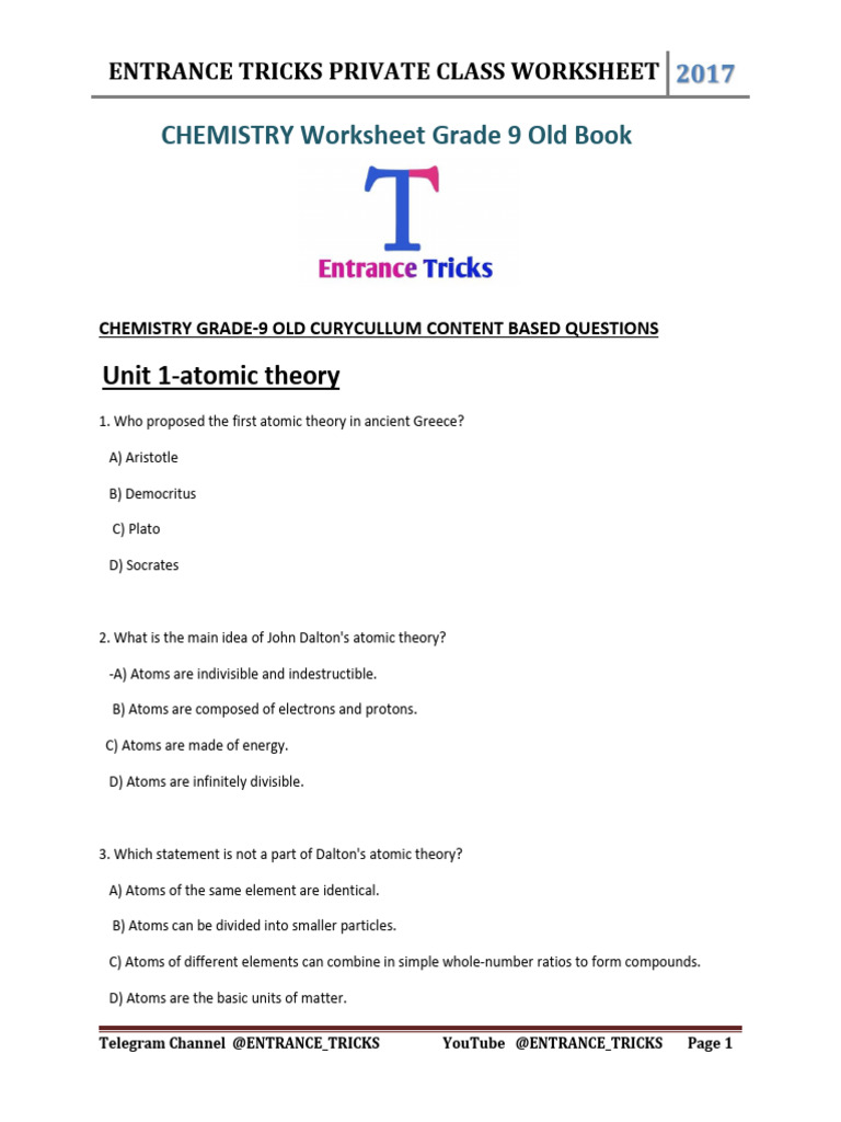 Grade 9 Chemistry Worksheet @ENTRANCE - TRICKS | PDF | Chemical Bond ...
