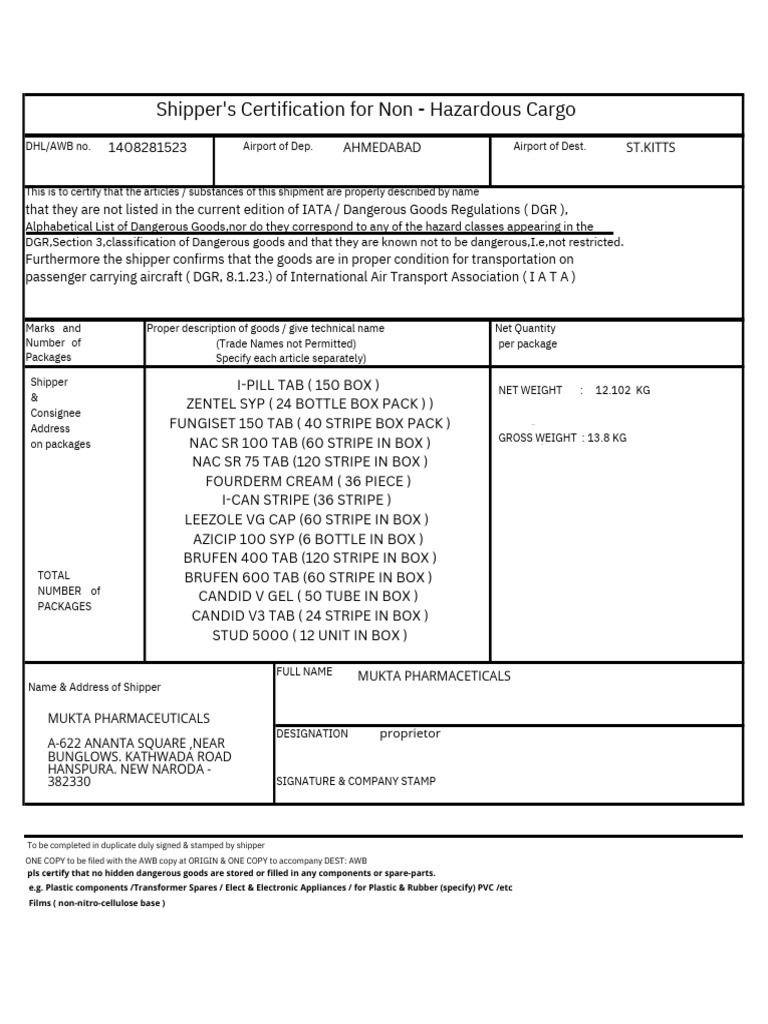 Non-Hazardous Goods Declaration Template | PDF | Dangerous Goods ...
