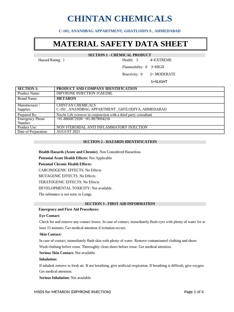 DIPYRONE INJECTION | PDF | Dangerous Goods | Occupational Safety And Health