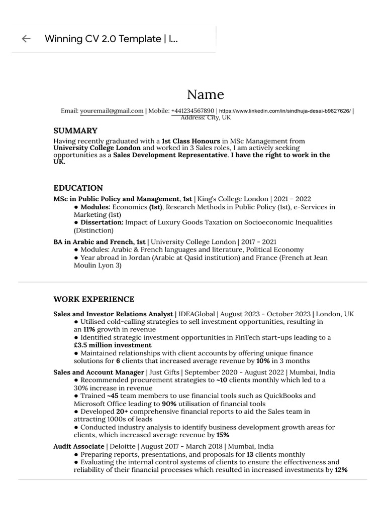 CV Template for Sales Development Roles | PDF | Economies