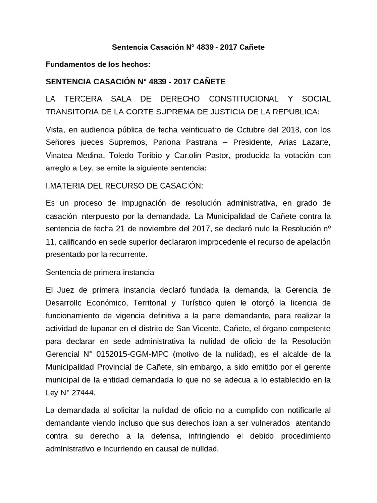 Sentencia Casación #4839 - 2017 Cañete | PDF | Sentencia (ley) | Gobierno