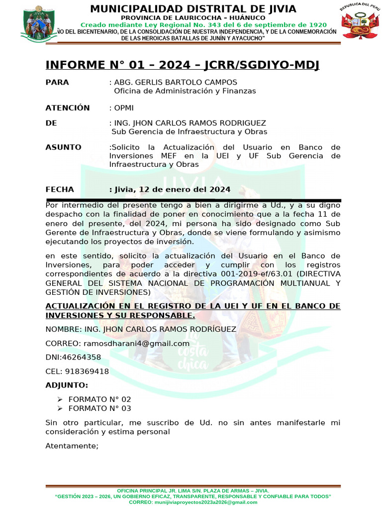 Informe #01 - 2024 - Jcrrsgdiyo-Mdj (Solicito Registro Uei y Uf) | PDF ...