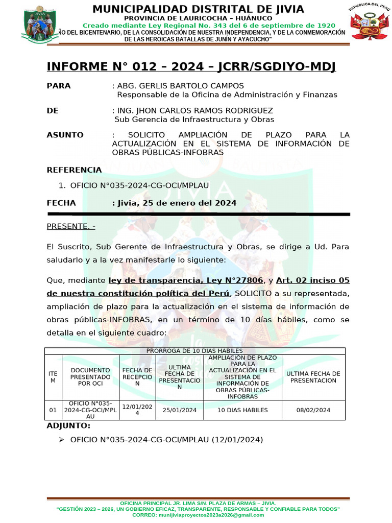 Informe #012 - 2024 - Jcrrsgdiyo-Mdj Solicito Ampliacion | PDF | Perú | América del Sur
