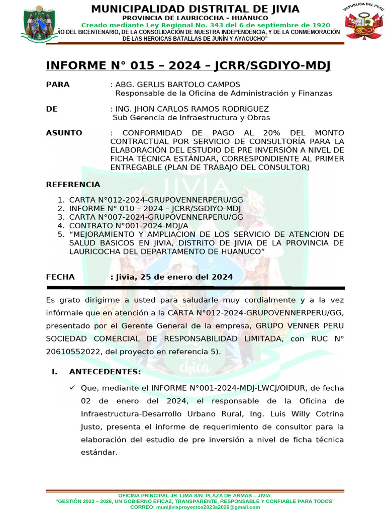 Informe #015 - 2024 - Jcrrsgdiyo-Mdj Conformidad de Pago Plan de Trabajo | PDF | Perú