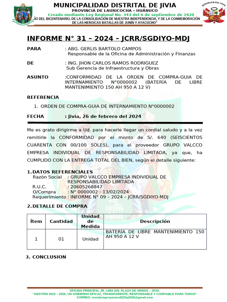 Informe #31 - 2024 - Jcrrsgdiyo-Mdj Conformidad Pago Bateria | PDF