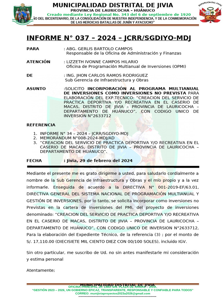 Informe #37 - 2024 - Jcrrsgdiyo-Mdj Incorporacion A La Cartera de Inversiones Losa | PDF