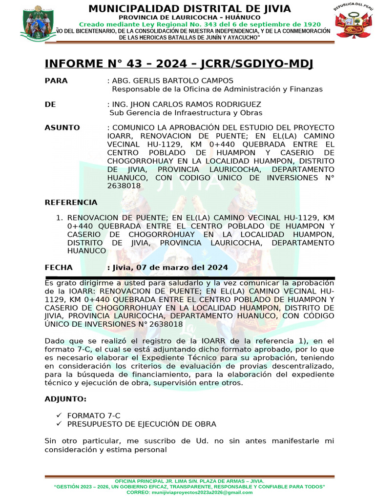 Informe #43 - 2024 - Jcrrsgdiyo-Mdj Comunico Aprobacion Ioarr | PDF
