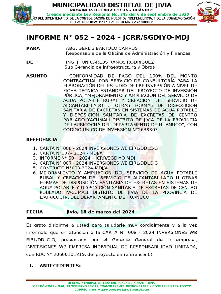 Informe #52 - 2024 - Jcrrsgdiyo-Mdj Conformidad de Pago Yacumali | PDF