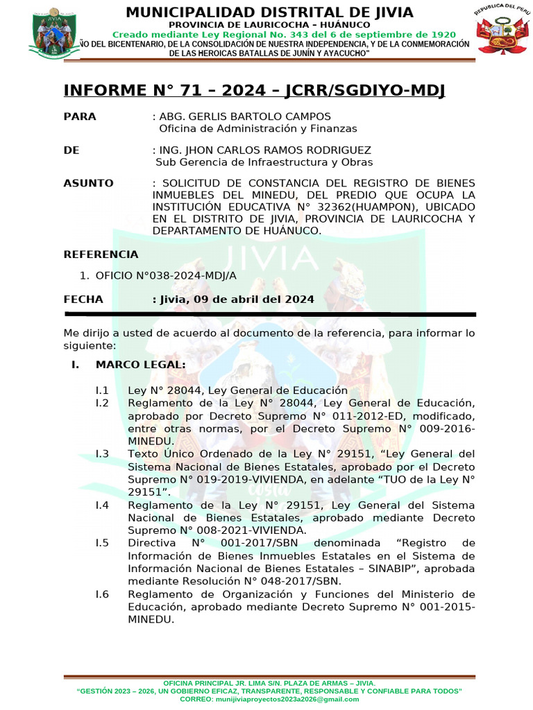 Informe #71 - 2024 - Jcrrsgdiyo-Mdj Solicito Constancia de Registro de Bienes | PDF | Ministerio ...
