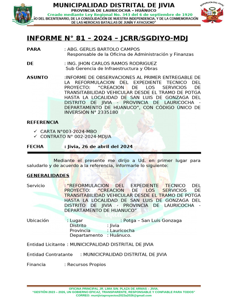 Informe #81 - 2024 - Jcrrsgdiyo-Mdj Observaciones Entregable 01 - Potga | PDF | Finanzas y dinero