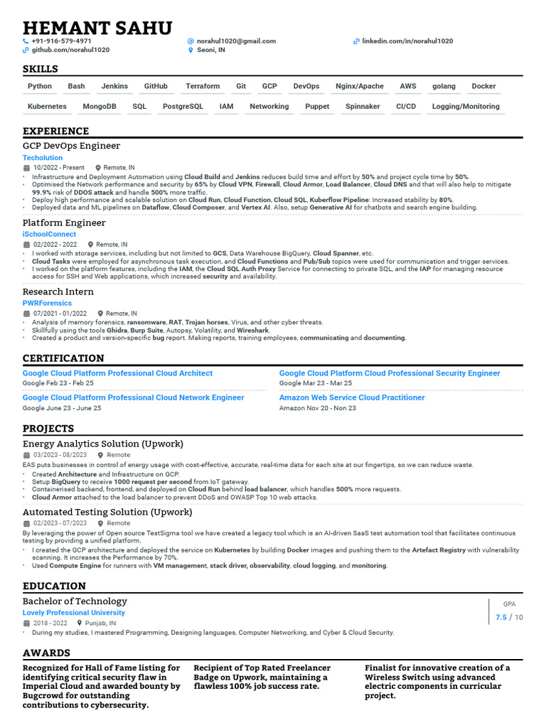 Hemant Sahu Resume | PDF | Cloud Computing | Computing