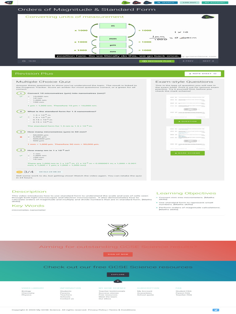 Orders of Magnitude & Standard Form Biology AQA My GCSE Science | PDF ...
