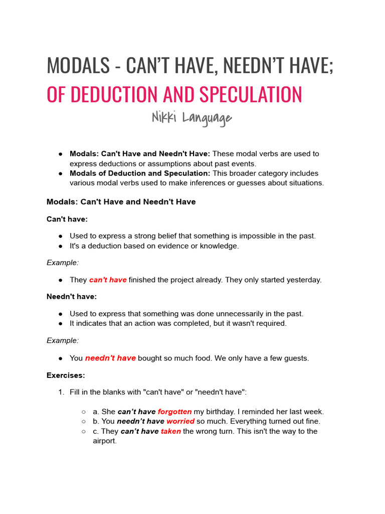 Modals - Can't Have, Needn't Have of Deduction and Speculation | PDF | Grammar | Linguistics