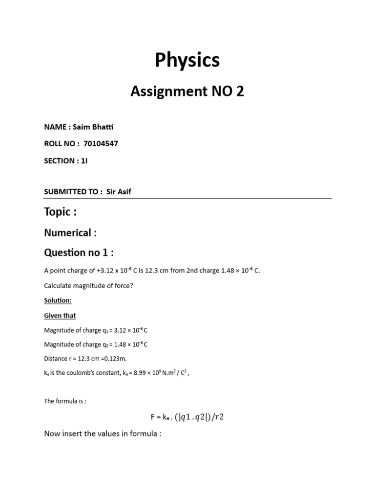 Physics Assignment on Electrostatics Calculations | PDF | Electric ...