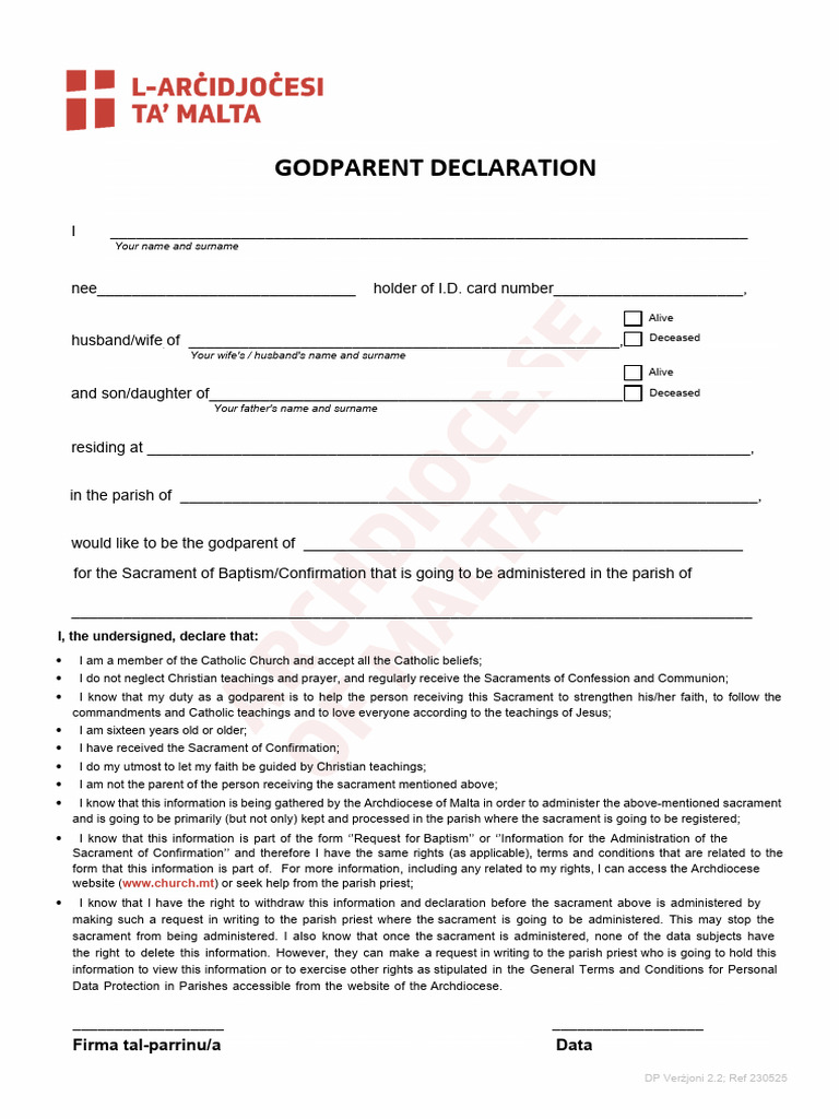 Godparent Declaration Form for Baptism | PDF | Sacraments | Confirmation