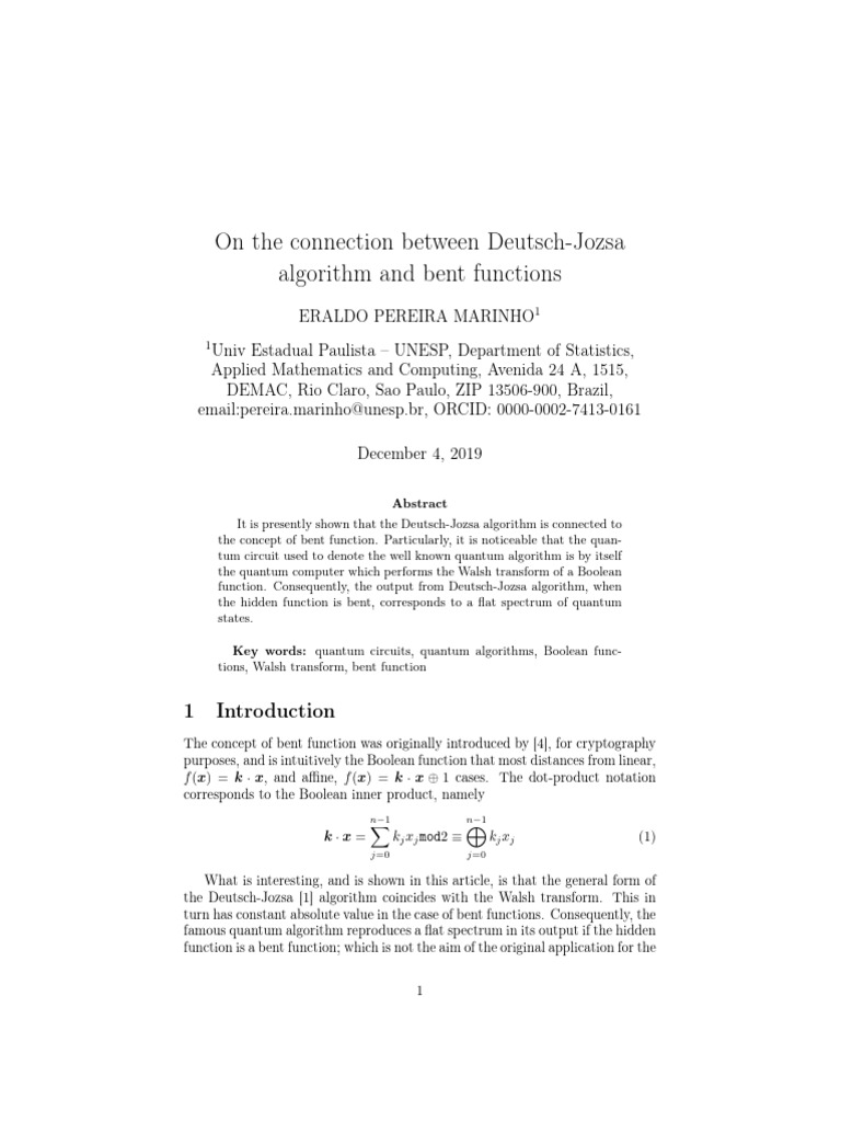 Deutsch-Jozsa Algorithm and Bent Functions | PDF | Function ...
