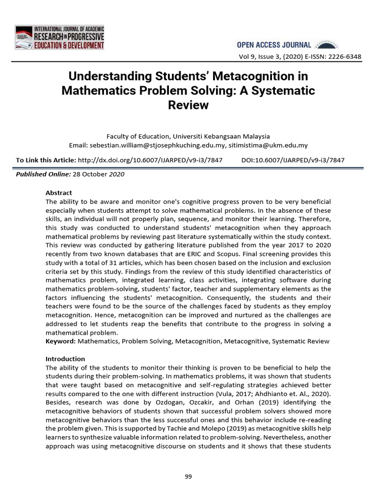 Understanding Students Metacognition in Mathematics Problem Solving A Systematic Review | PDF ...