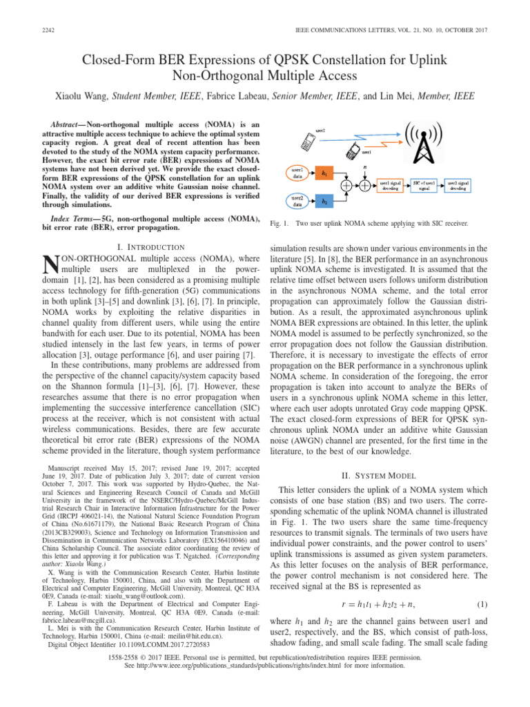 Closed-Form BER Expressions of QPSK Constellation For Uplink Non-Orthogonal Multiple Access ...