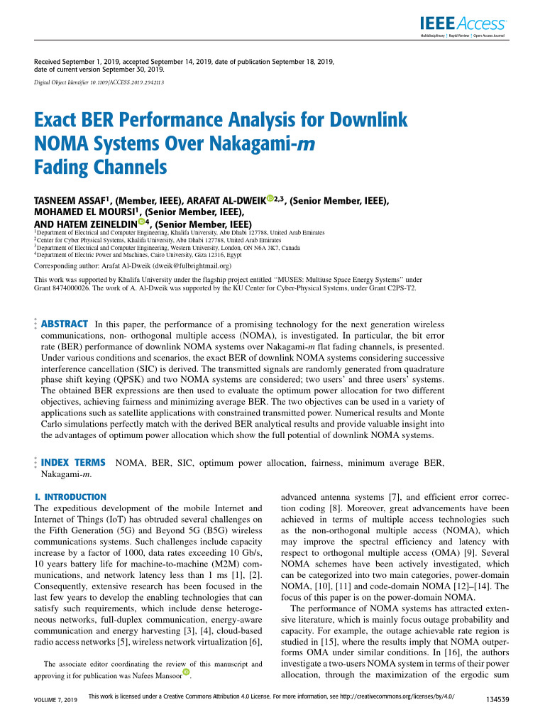 Exact BER Performance Analysis For Downlink NOMA Systems Over Nakagami - M Fading Channels | PDF ...