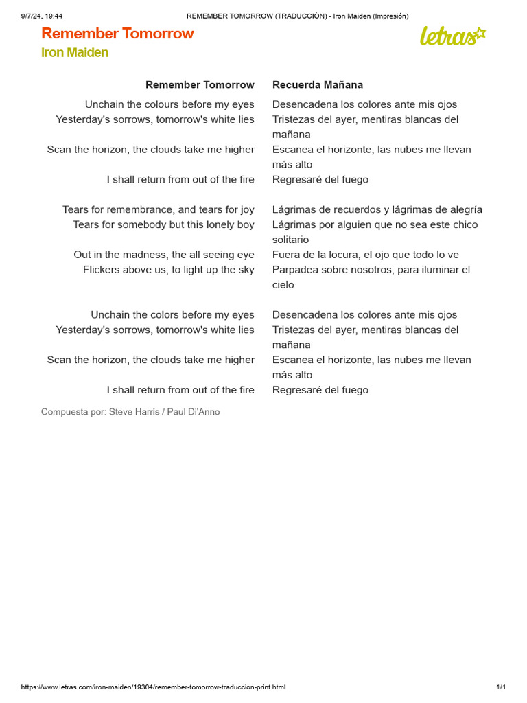 REMEMBER TOMORROW (TRADUCCIÓN) - Iron Maiden (Impresión) | PDF
