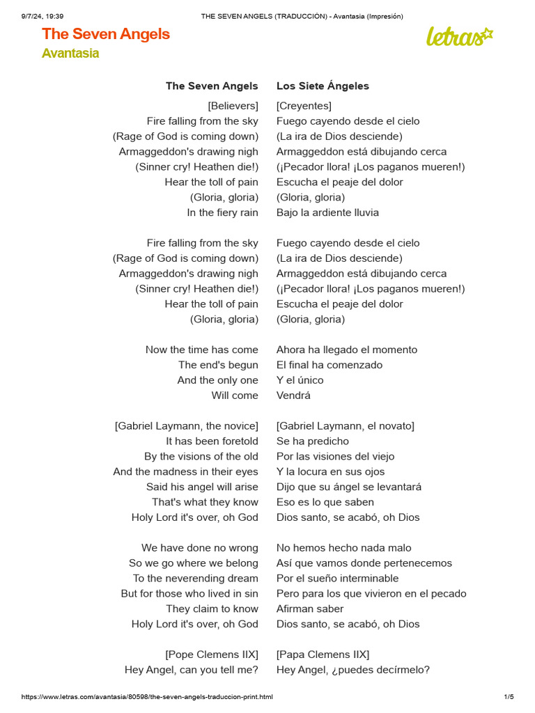 The Seven Angels (Traducción) - Avantasia (Impresión) | PDF